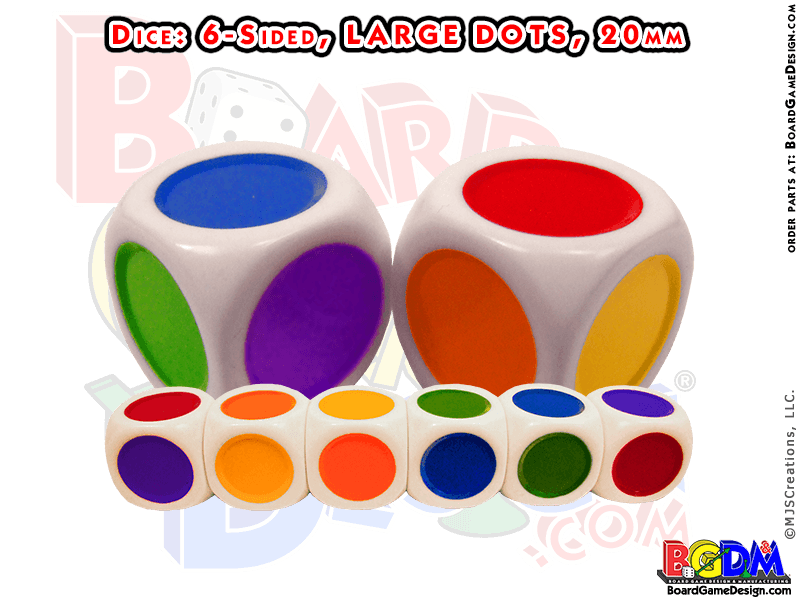Dice:6-Sided with Color Dots, 20mm, Large Colored Dots Colored Die Pips